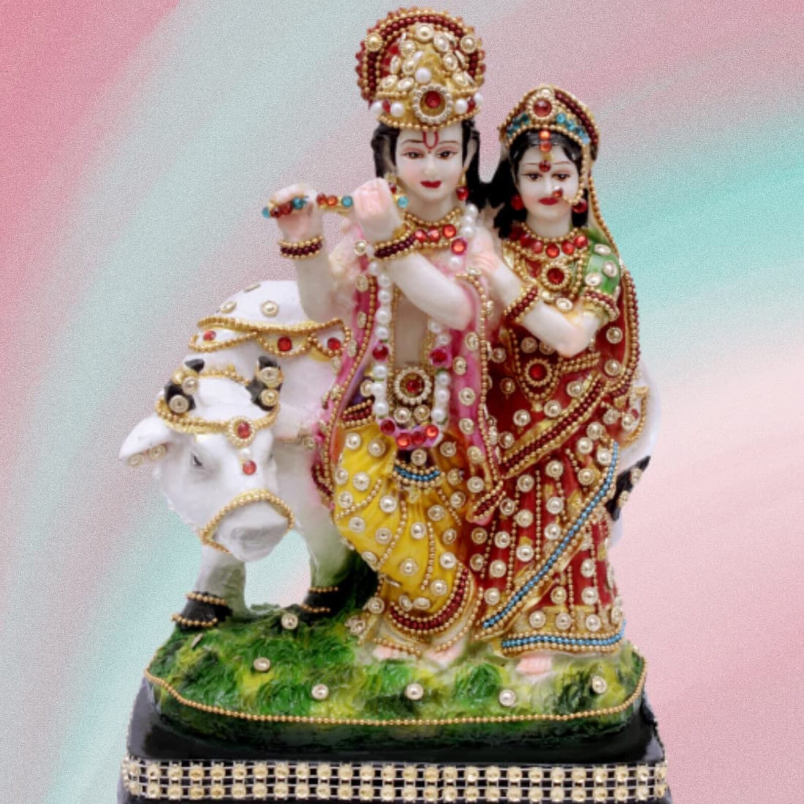 Handmade Stone Work Radha Krishna Cow God Idol, Murti Figurine ...