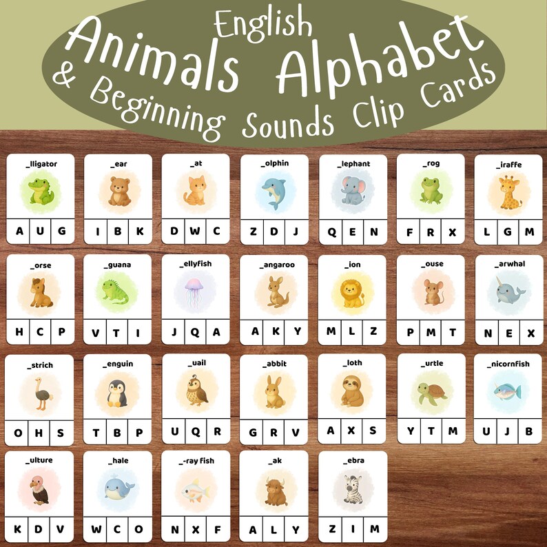 A-Z Animal Alphabet Cards: Phonics Clip Cards, Preschool Learning ...