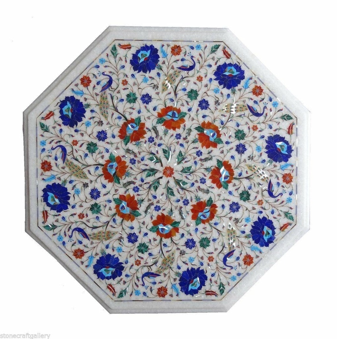 White Marble Corner Table Top Carnelian Semi Precious Stone Inlay ...