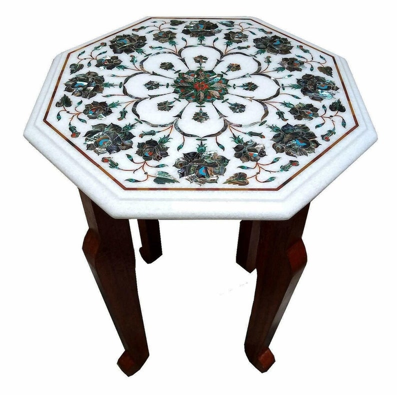 Inlay White Marble Round Dining Table Top Lapis Dura Inlay Handmade ...