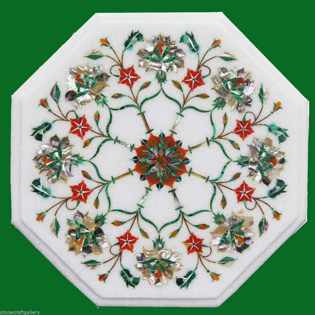 Marble Corner Table Top Semi Precious Stones Floral Inlay Pietra Dura ...