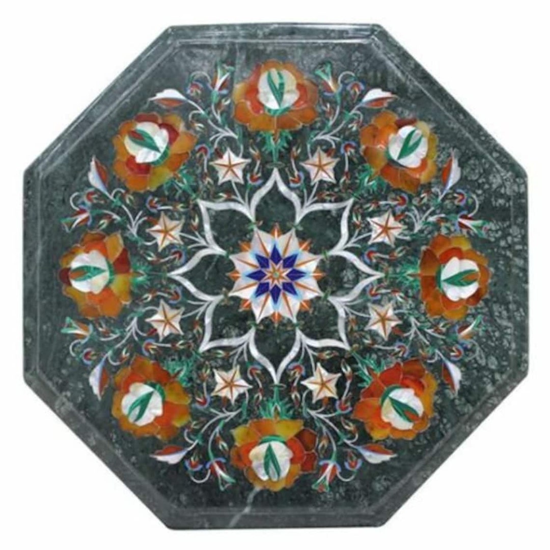 Round Marble Coffee Table Top Semi Precious Stones Inlay Work - Etsy