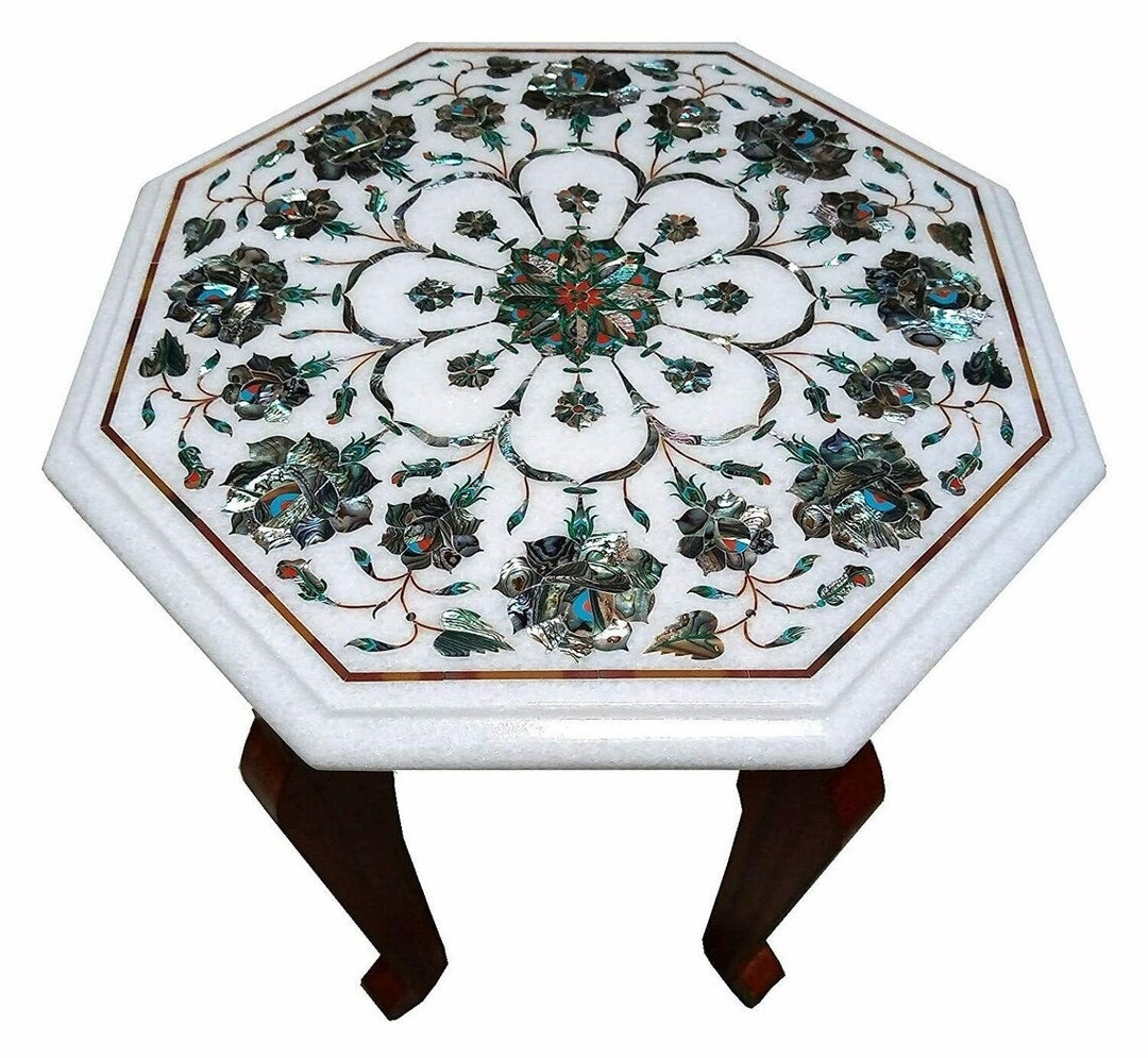 Inlay White Marble Round Dining Table Top Lapis Dura Inlay Handmade ...
