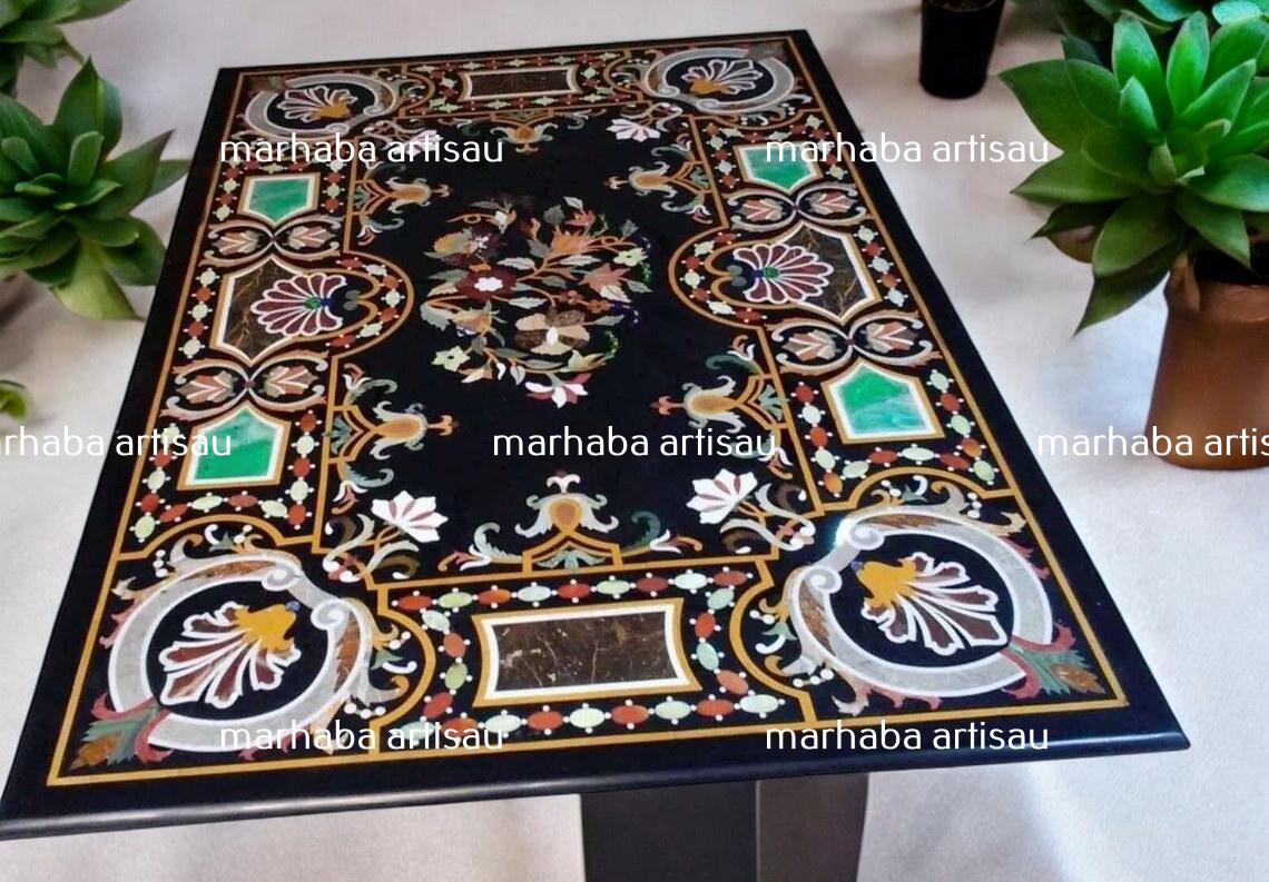 Black Marble Coffee Dining Meeting Table Top Handmade Semi Precious ...