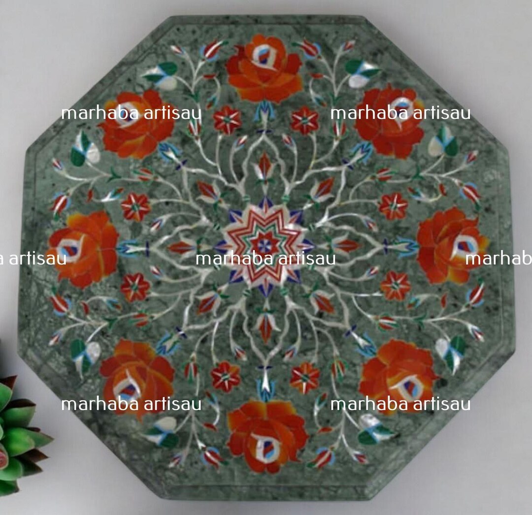 Green Marble Corner Table Top Semi Precious Stone Work Handmade Inlay ...