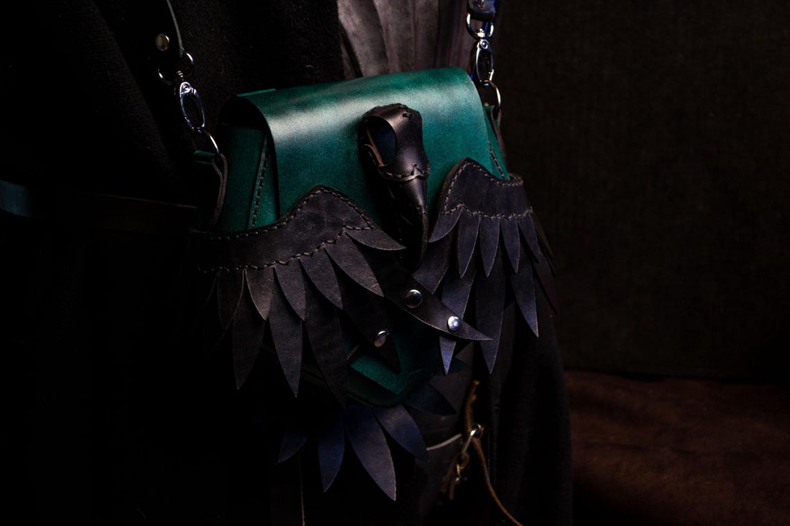 Raven Leather Skull Bag Emerald Colour - Etsy