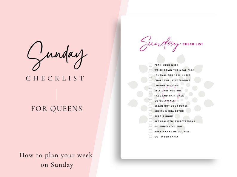 Sunday Checklist, Digital Download, Tool, Self-care Checklist, Goal ...