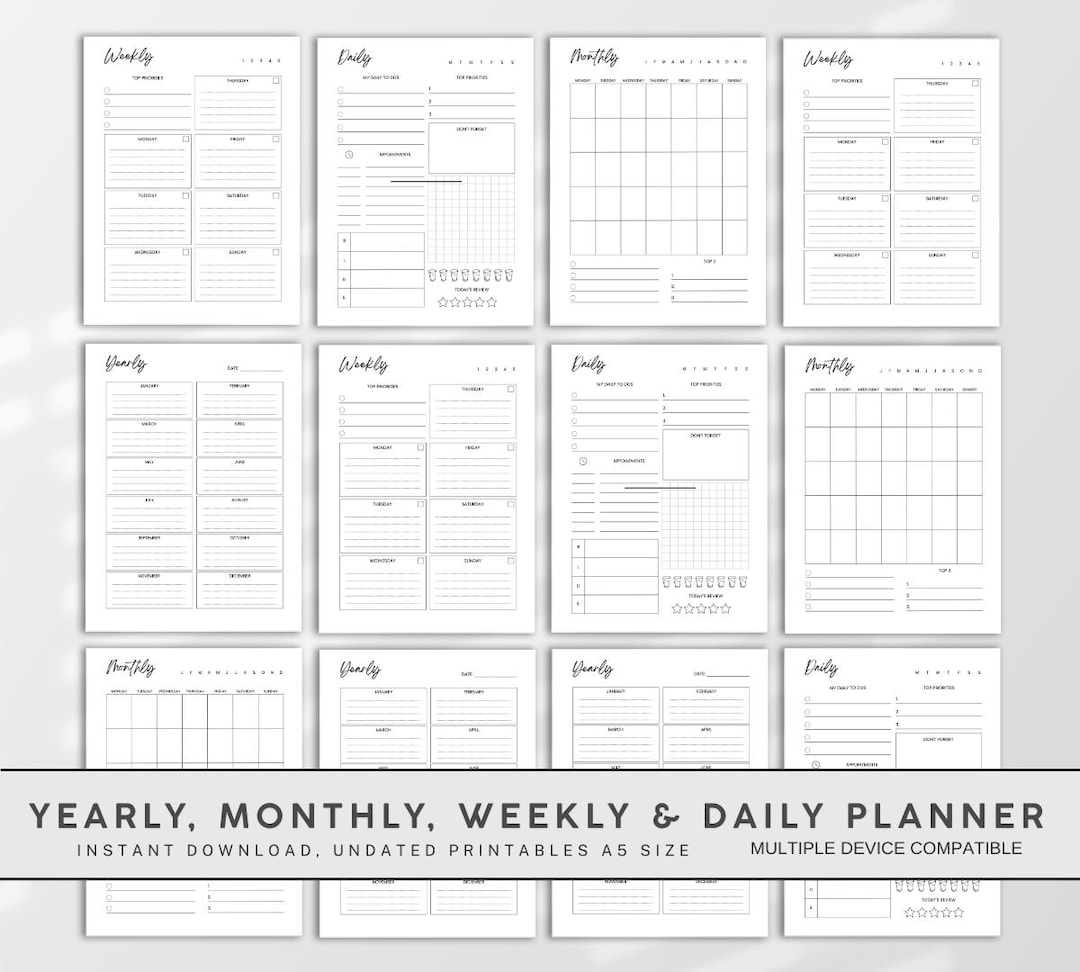 Printable Planner Bundle – Yearly, Monthly, Weekly & Daily Pages ...