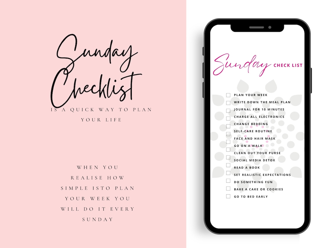 Sunday Checklist, Digital Download, Tool, Self-care Checklist, Goal ...