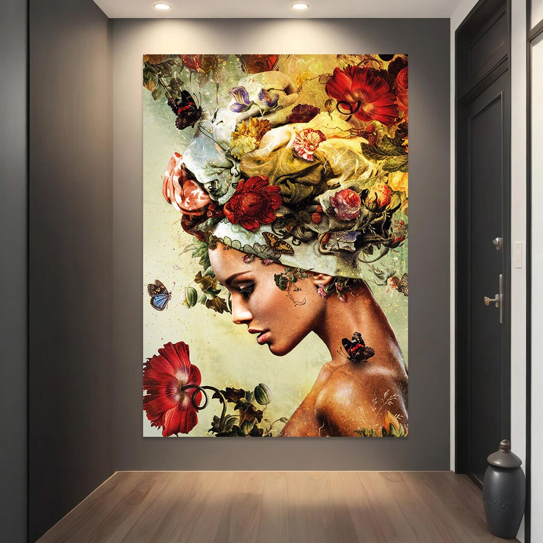 Flower Woman Portrait, Botanical Woman Artwork, Floral Canvas, Living ...