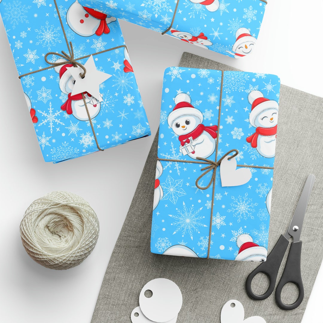 Christmas Wrapping Paper Blue Snowflakes With Snowman Gift - Etsy