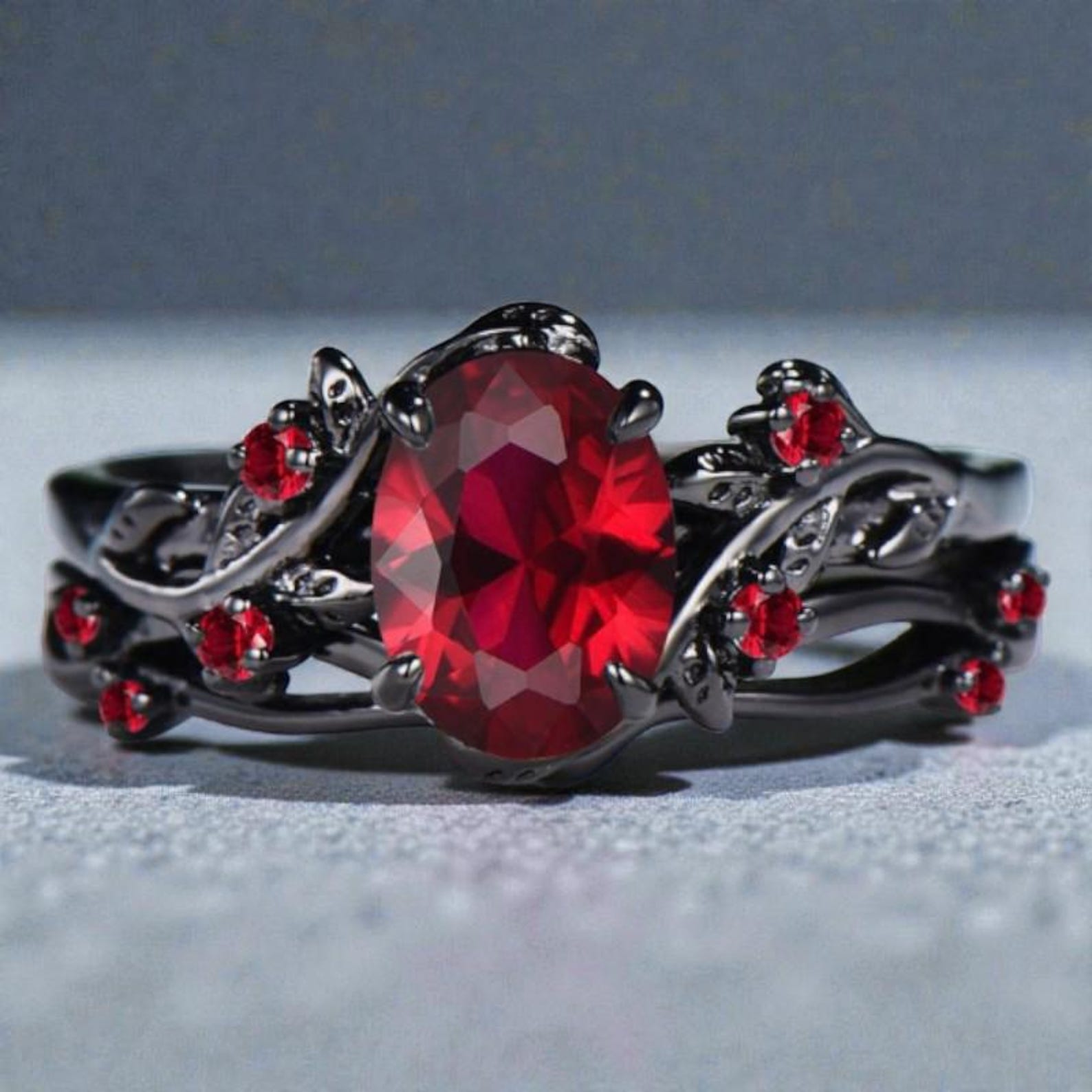 Black Gothic Flower Ring, Red Stone Statement Ring, Dark Romantic ...