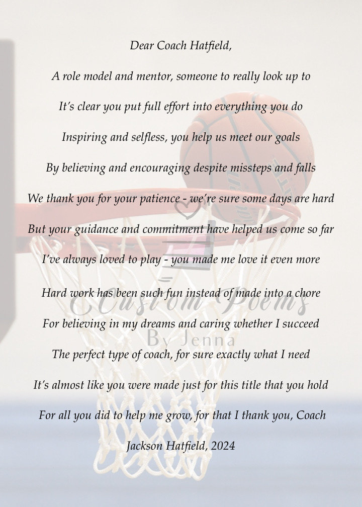 Dear Coach Thank You Poem for a Special Coach. Digital Image Emailed - Etsy