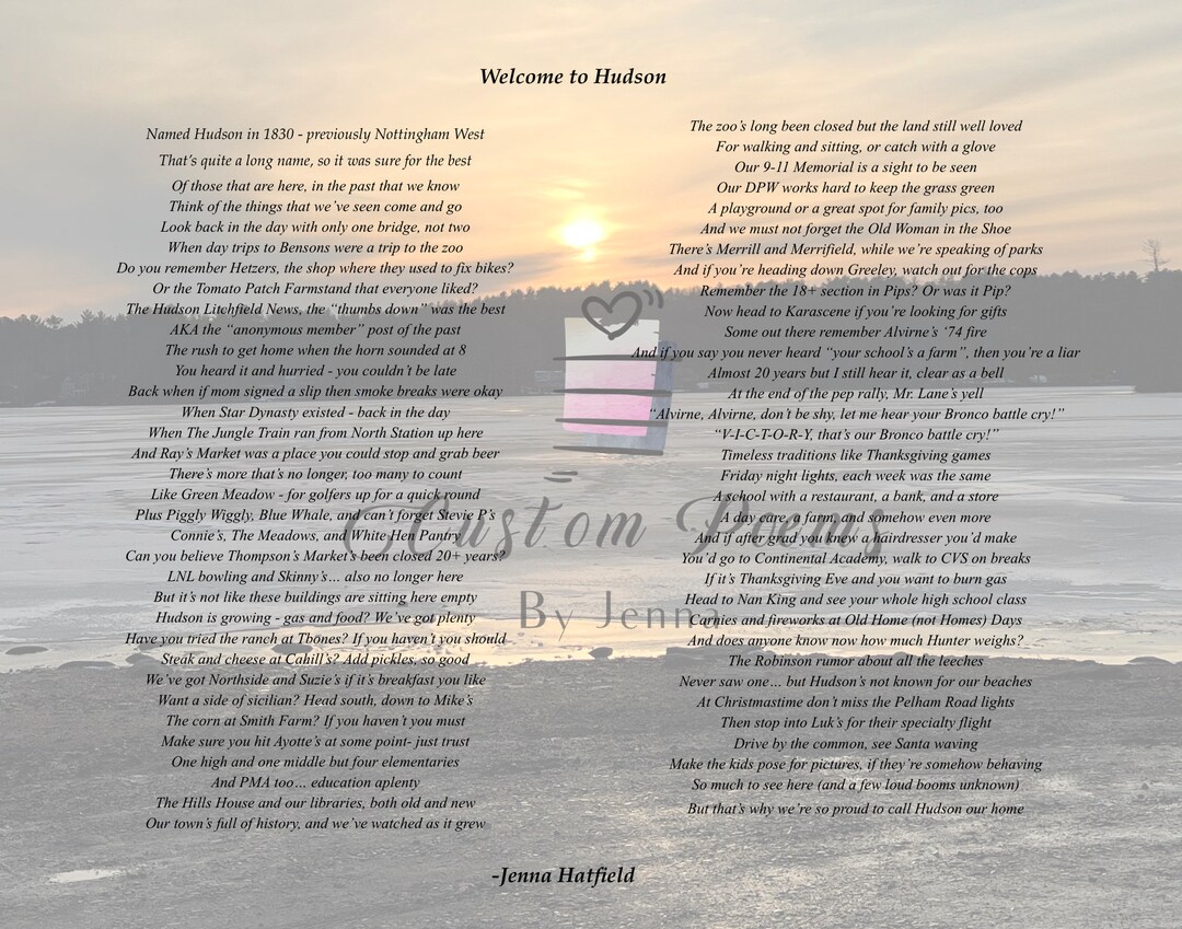Welcome to Hudson, NH Poem, 8x10 Print. Perfect Realtor Closing Gift ...