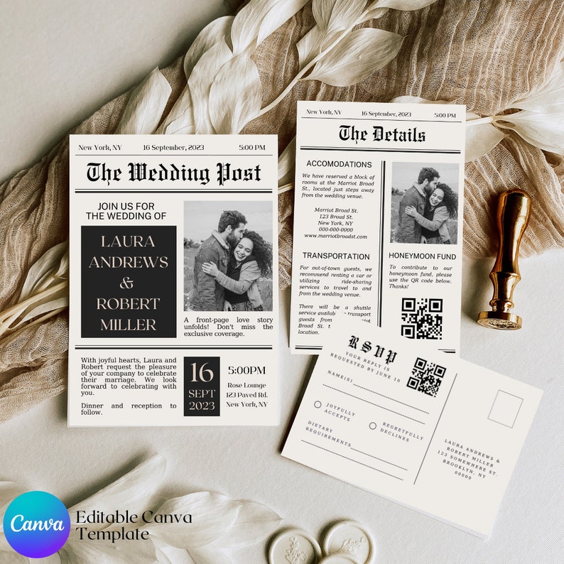Newspaper Wedding Digital Invite Bundle Canva Template News Digital ...