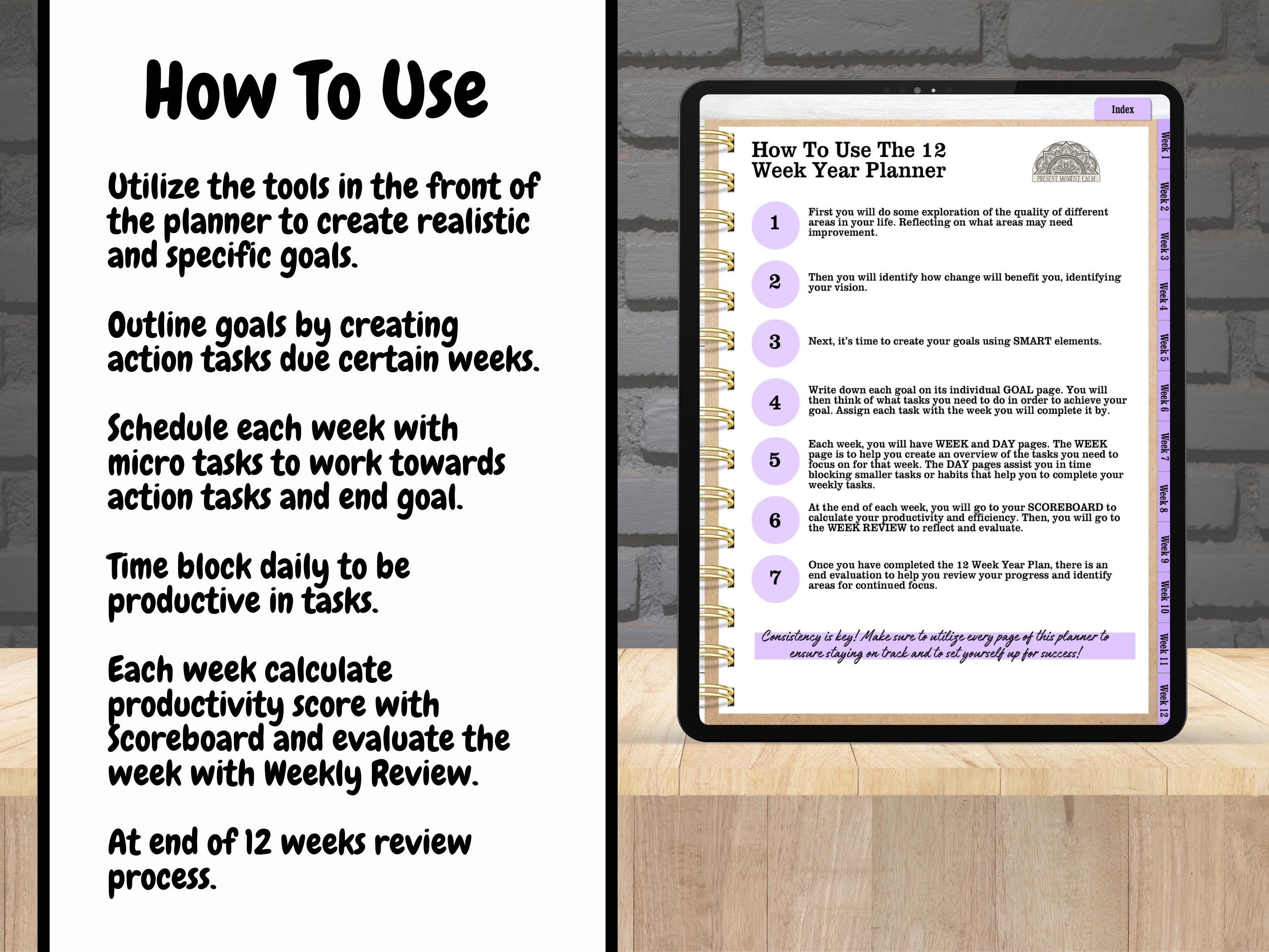12 Week Year Planner, 12 Week Goal Digital Planner, Hyperlinked ...
