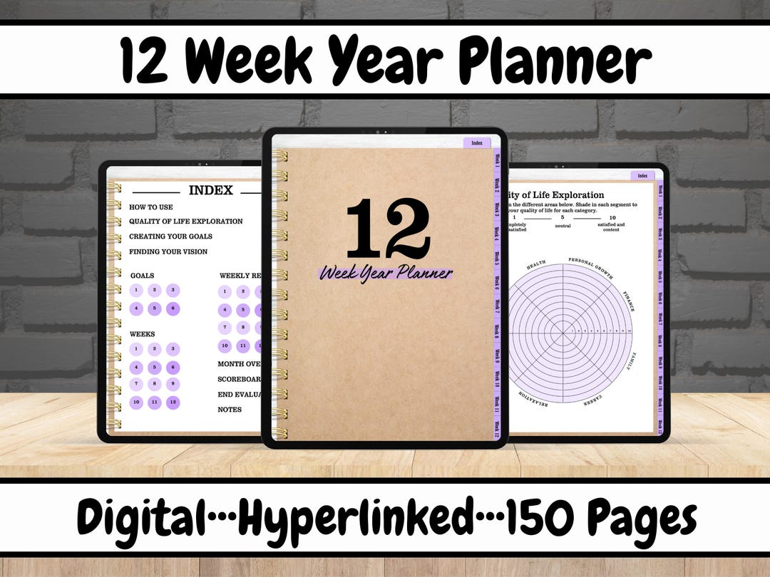 12 Week Year Planner, 12 Week Goal Digital Planner, Hyperlinked ...