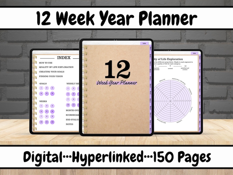 12 Week Year Planner, 12 Week Goal Digital Planner, Hyperlinked ...