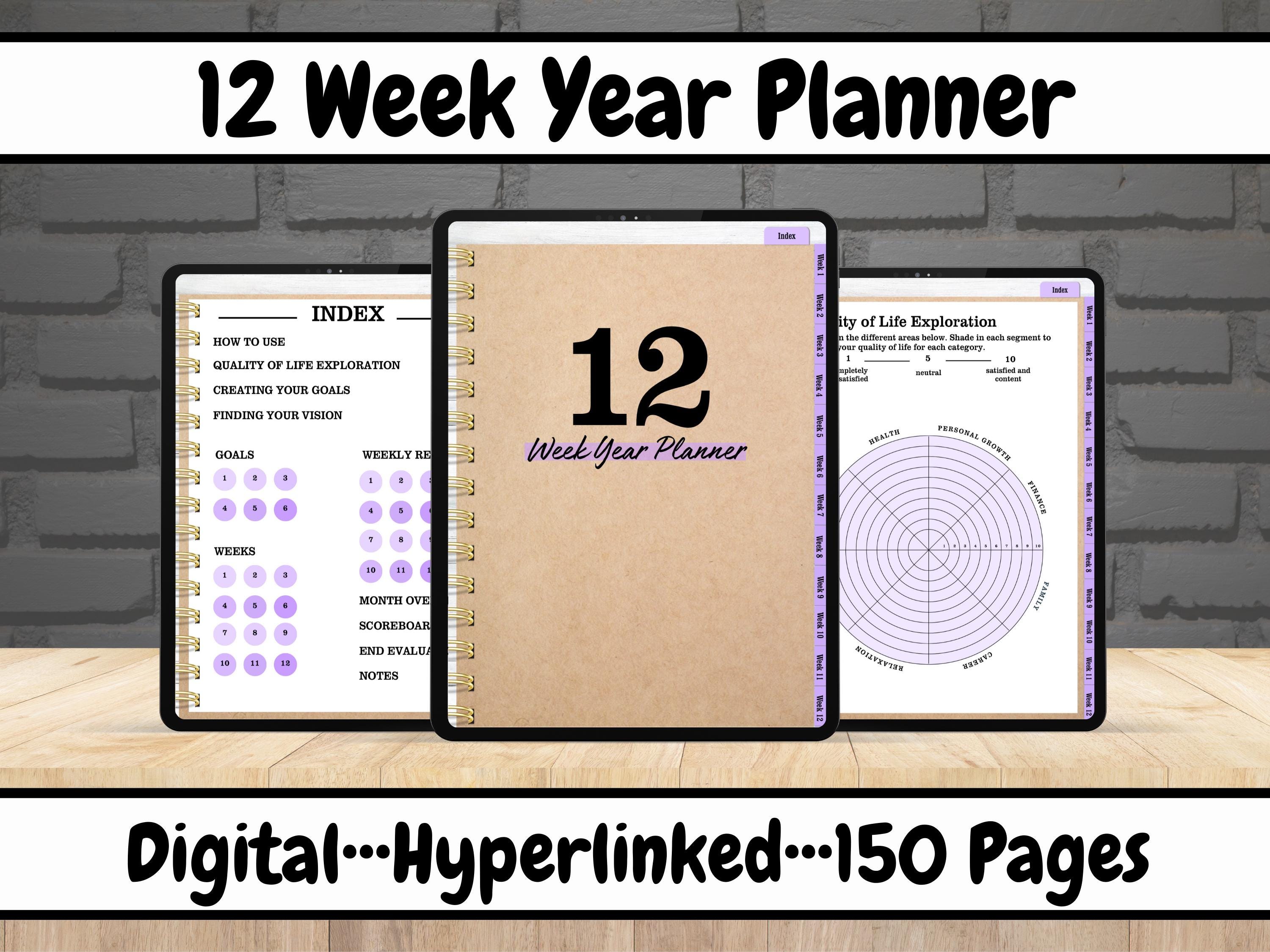 12 Week Year Planner, 12 Week Goal Digital Planner, Hyperlinked ...