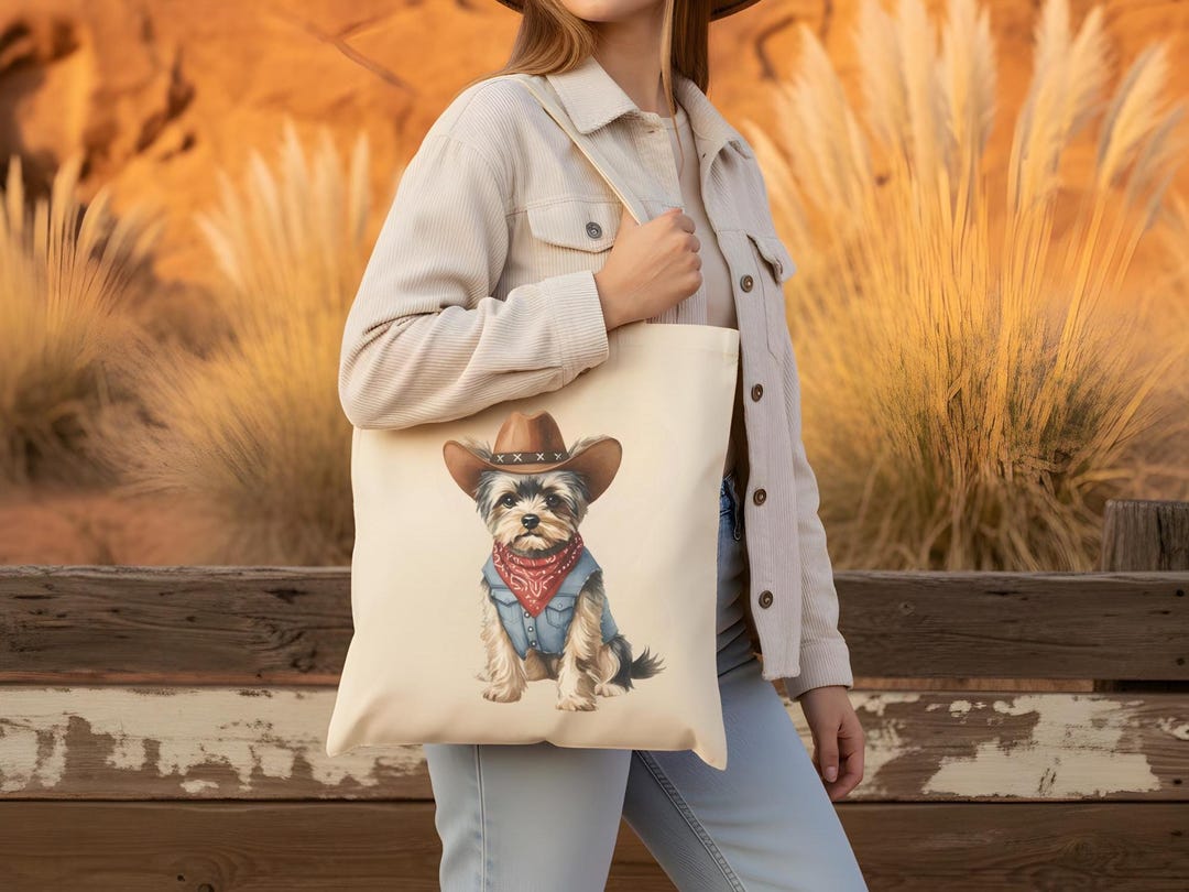 Western Yorkie Canvas Tote Bag, Cowboy Yorkshire Terrier Bag, Dog Lover ...