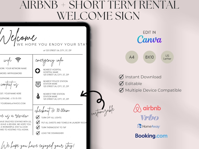 Editable Airbnb Welcome Sign, Printable Short Term Rental Signs ...