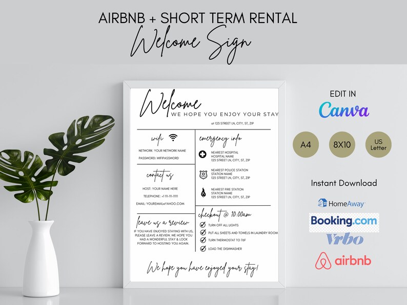 Editable Airbnb Welcome Sign, Printable Short Term Rental Signs ...