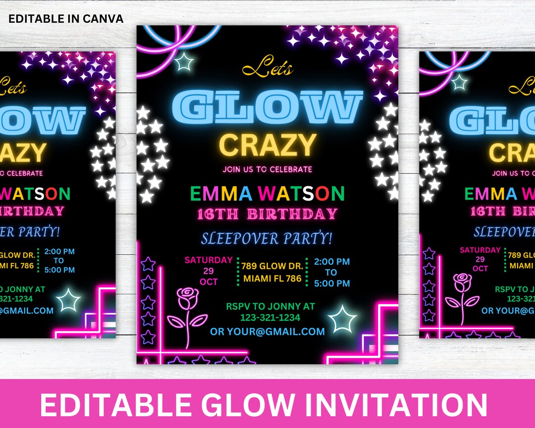 Editable Glow Party Birthday Invitation Glow Gender Neutral - Etsy