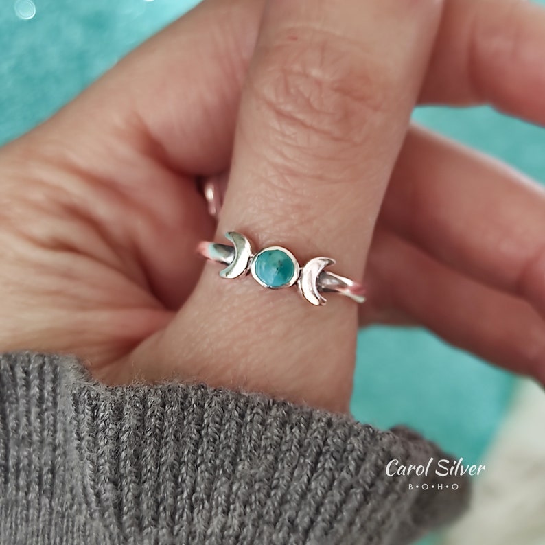 Silver and Turquoise Moon Phases Ring, Boho Chic Style Turquoise Ring, Full and Crescent Moon ...