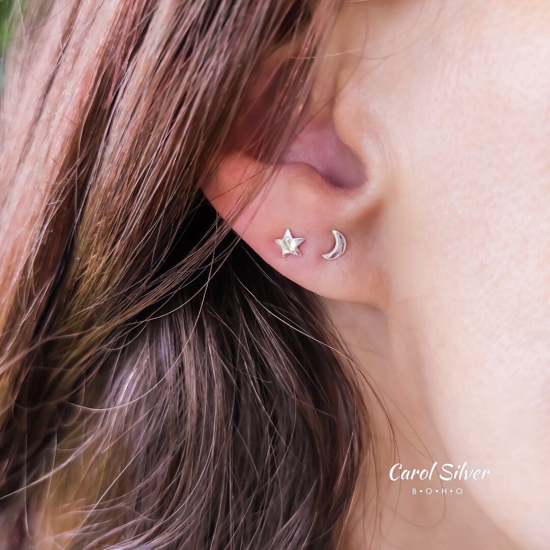 Silver Moon and Star Studs, Small Sterling Silver Astral Jewelry ...