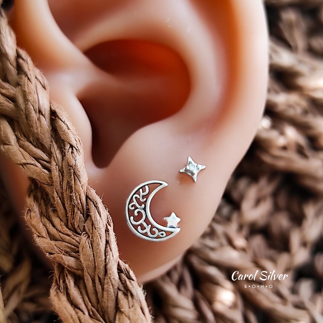 Sterling Silver Filigree Moon Earrings: Boho Celestial Studs - Etsy