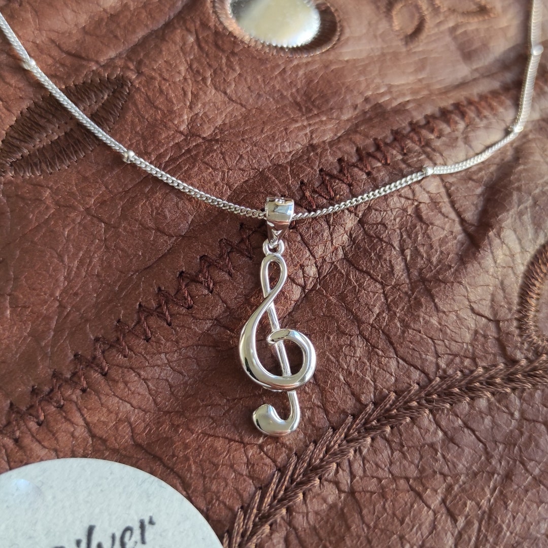 Silver Music Note Necklace, Treble Clef Choker, Ball Chain With Silver ...