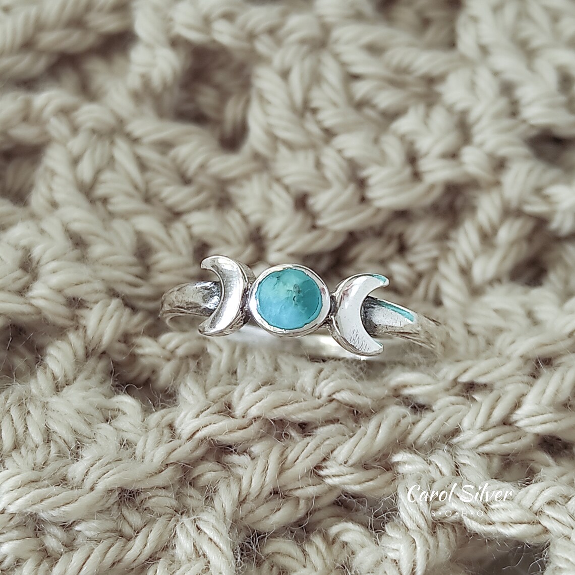 Silver and Turquoise Moon Phases Ring, Boho Chic Style Turquoise Ring, Full and Crescent Moon ...