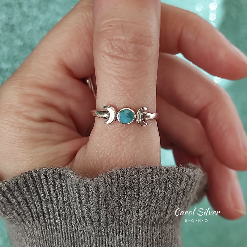 Silver and Turquoise Moon Phases Ring, Boho Chic Style Turquoise Ring, Full and Crescent Moon ...