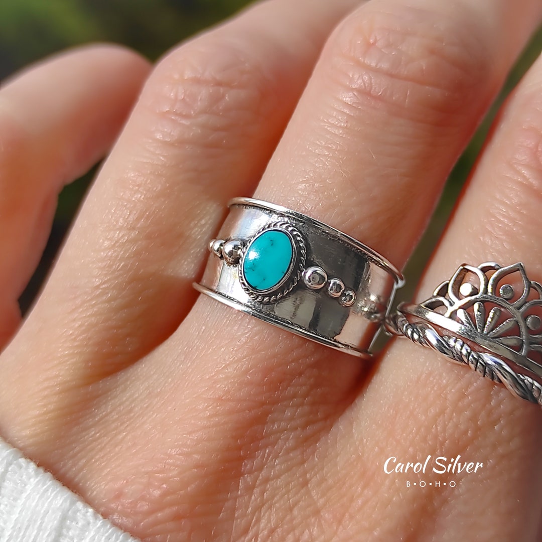 Silver and Turquoise Band, Sterling Silver Bali Ring, Exotic Oval ...