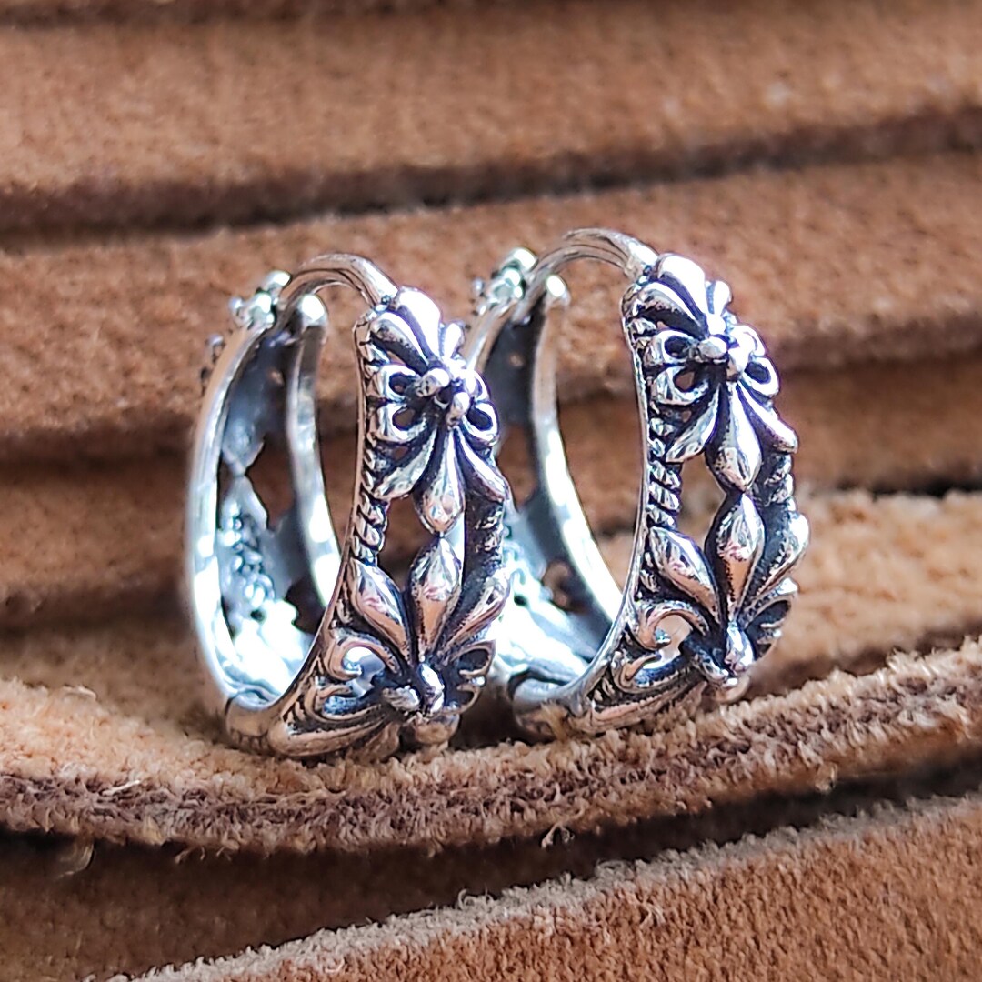 Fleur De Lis Sterling Silver Hoop Earrings · Vintage Filigree Creole ...