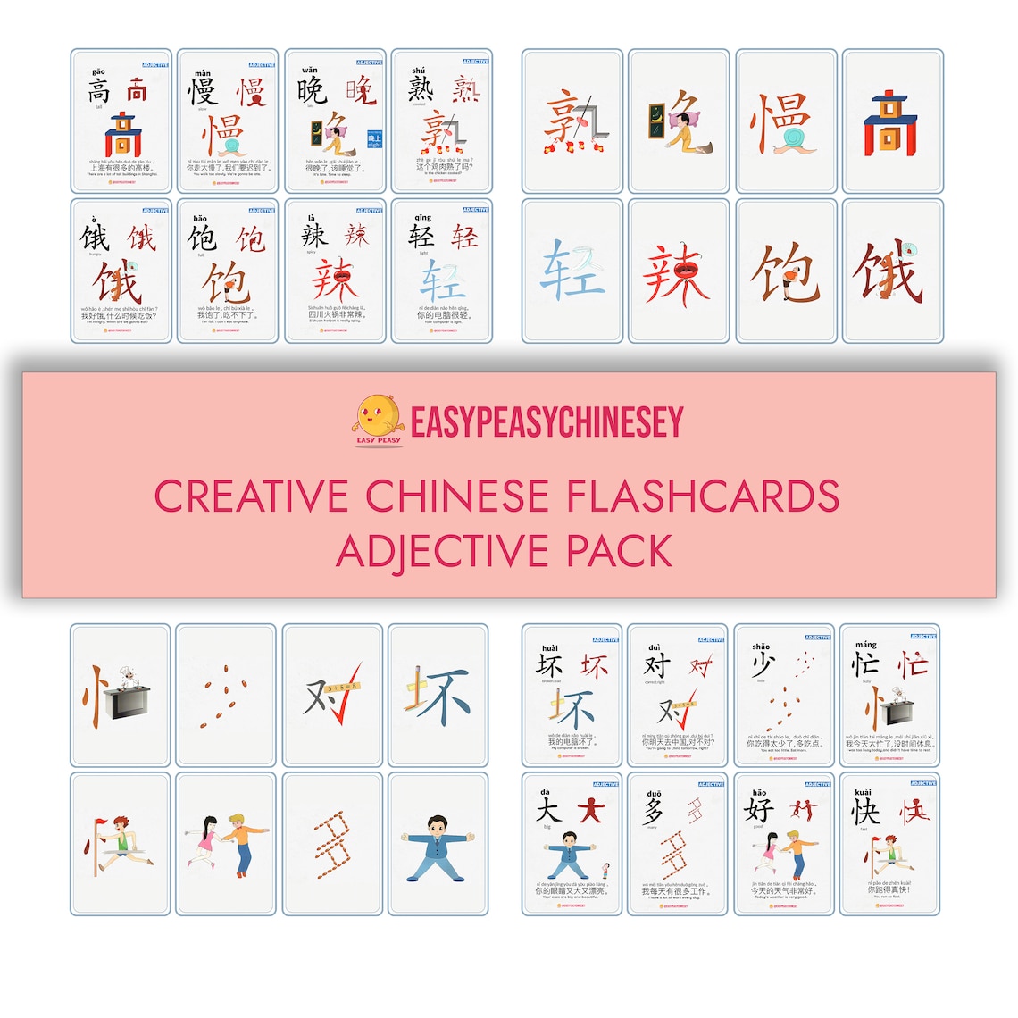 Chinese Character Flashcards (adjective Pack) Pinyin, Sentences ...