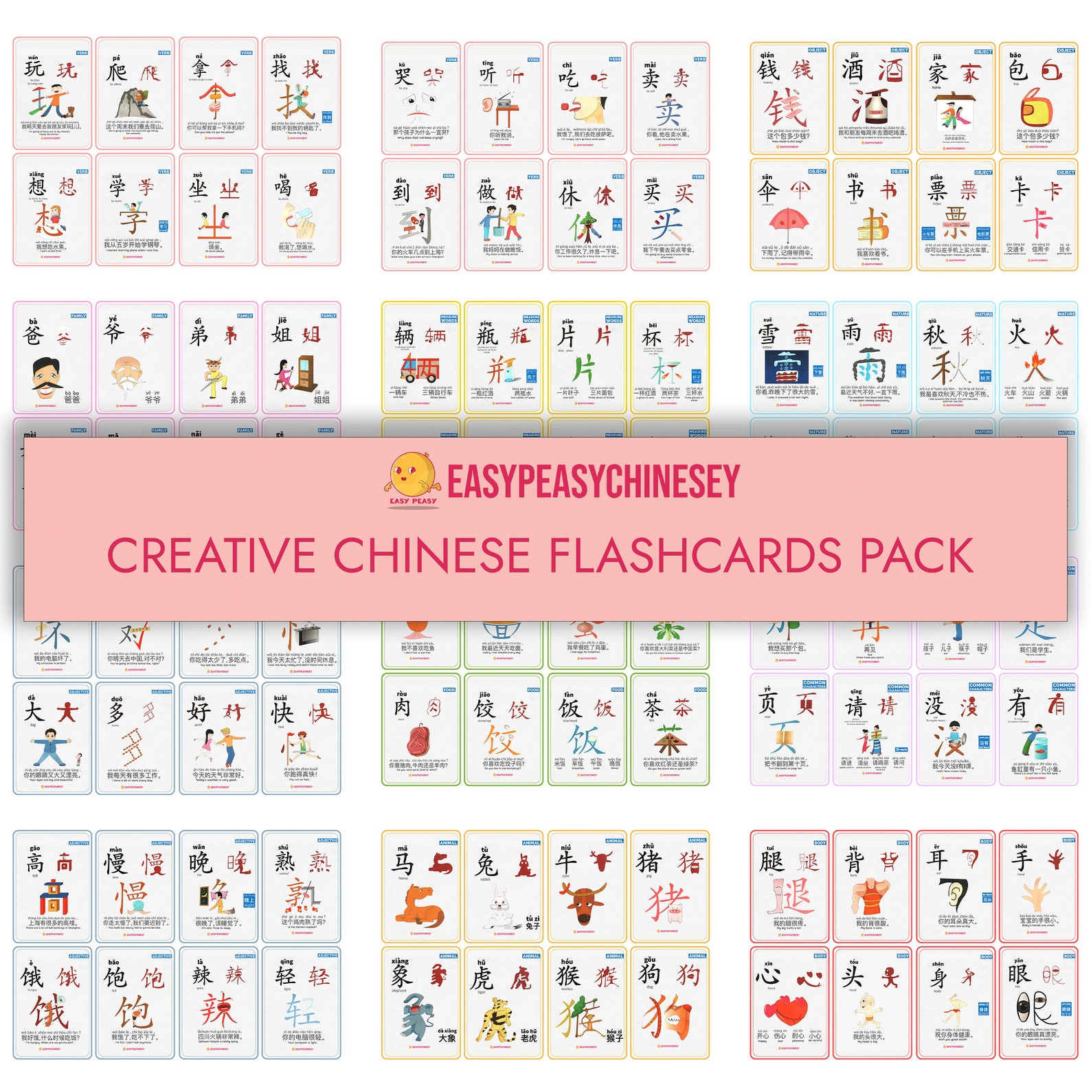 Chinese Character Flashcards family Pack Pinyin, Sentences ...