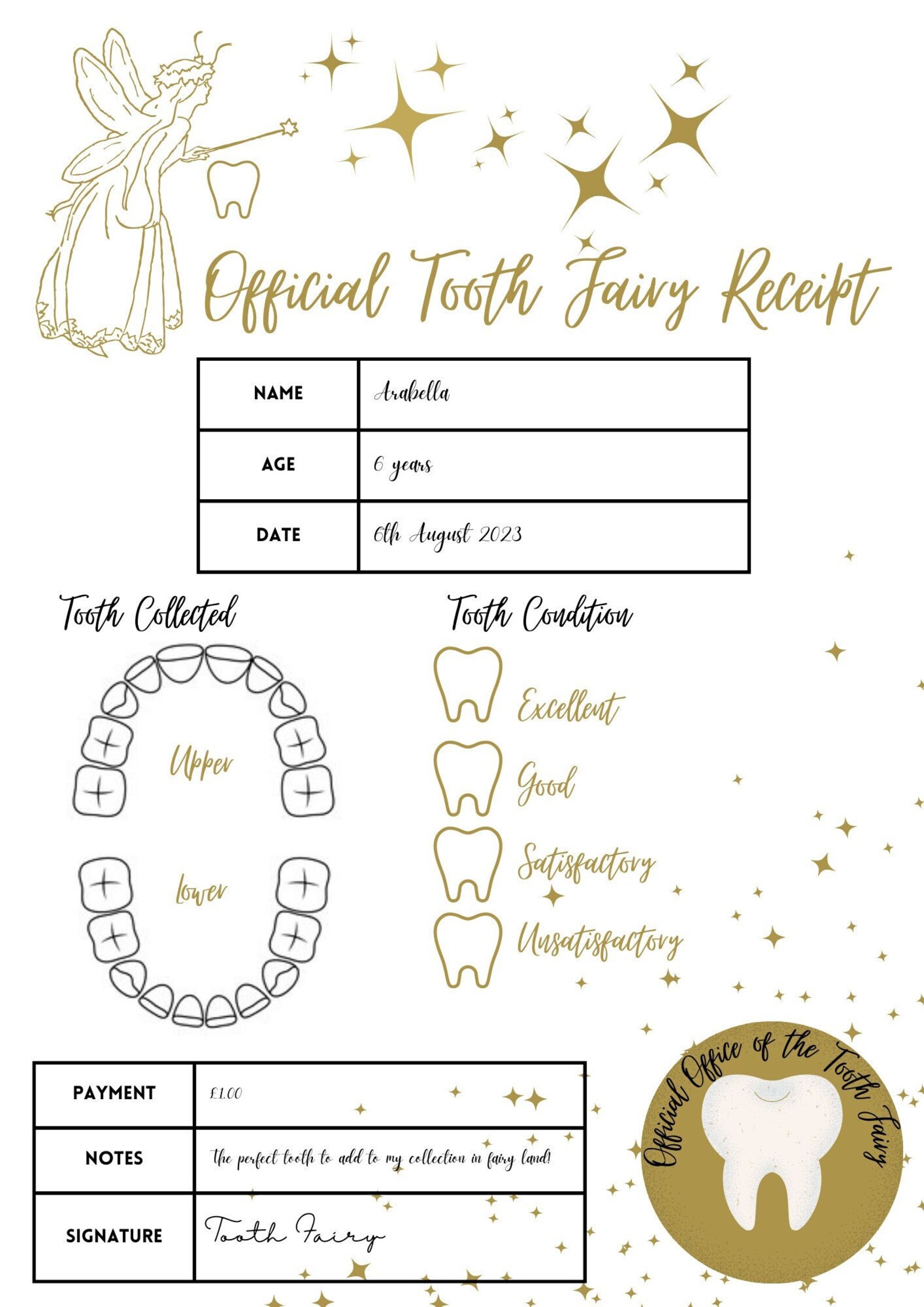 Editable Personalised Tooth Fairy Letter, Tooth Fairy Receipt of Visit ...
