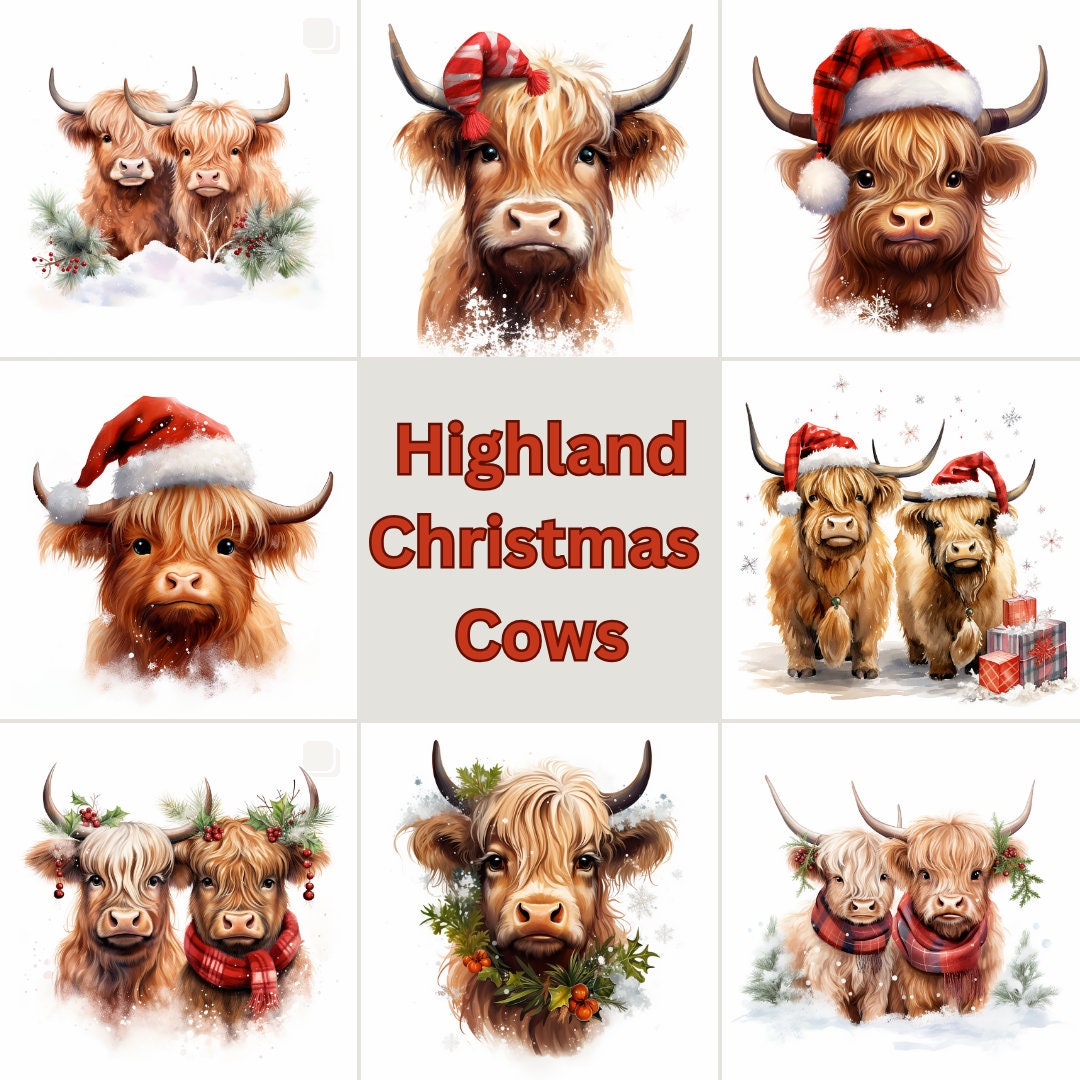 Christmas Highland Cows Digital Clip Art Set - Festive Scottish Bovines ...