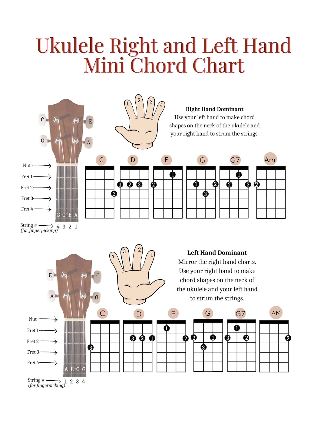 Ukulele Chord Chart for Right and Left Hands With Visuals for Finger ...