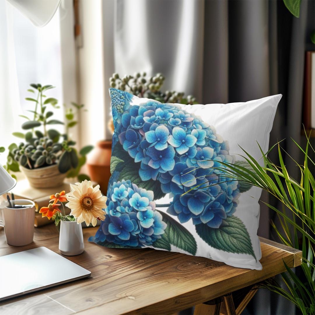 Blue Hydrangea Pillow | Floral Throw Pillow, Botanical Home Decor - Etsy