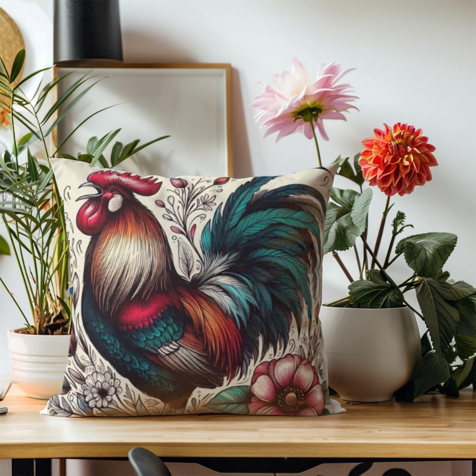 Living Room Rooster Design Farmcore Square Decorative Throw Pillow ...