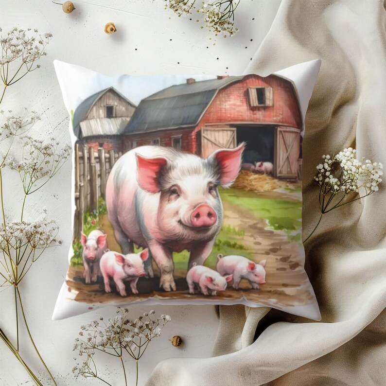Farm Pigs Cottagecore Design Living Room Square Polyester Throw Pillow ...