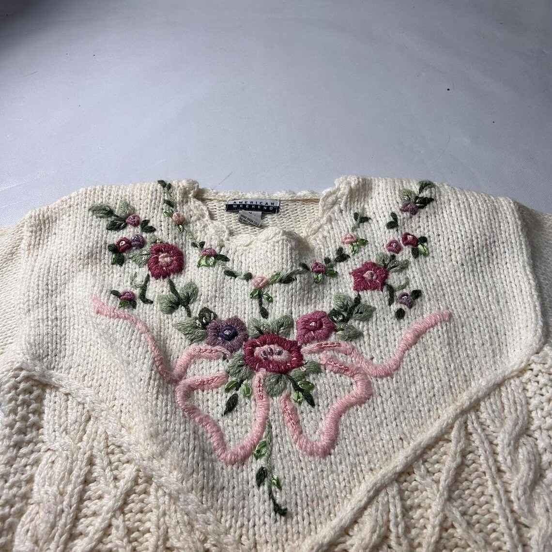 Vintage 1990s Cream Grandmacore Floral Embroidered Sweater With ...