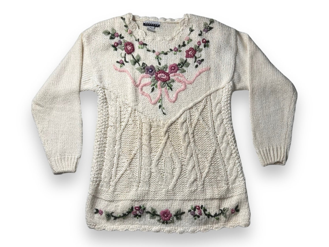 Vintage 1990s Cream Grandmacore Floral Embroidered Sweater With ...