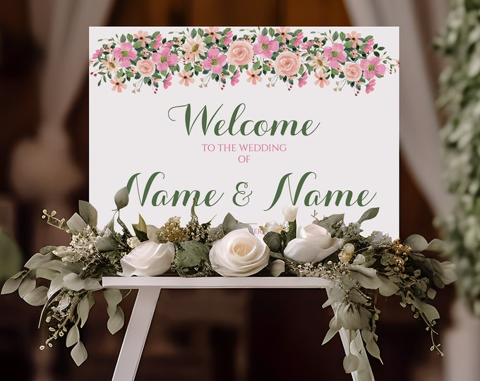 PINK GREEN FLORAL Welcome Sign, Printed Sign A1 A2 A3 A4, Welcome Sign ...