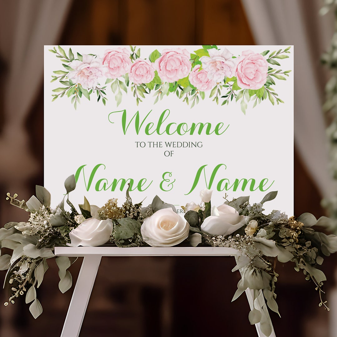 PINK GREEN ROSES Welcome Sign, Printed Sign A1 A2 A3 A4, Welcome Sign ...