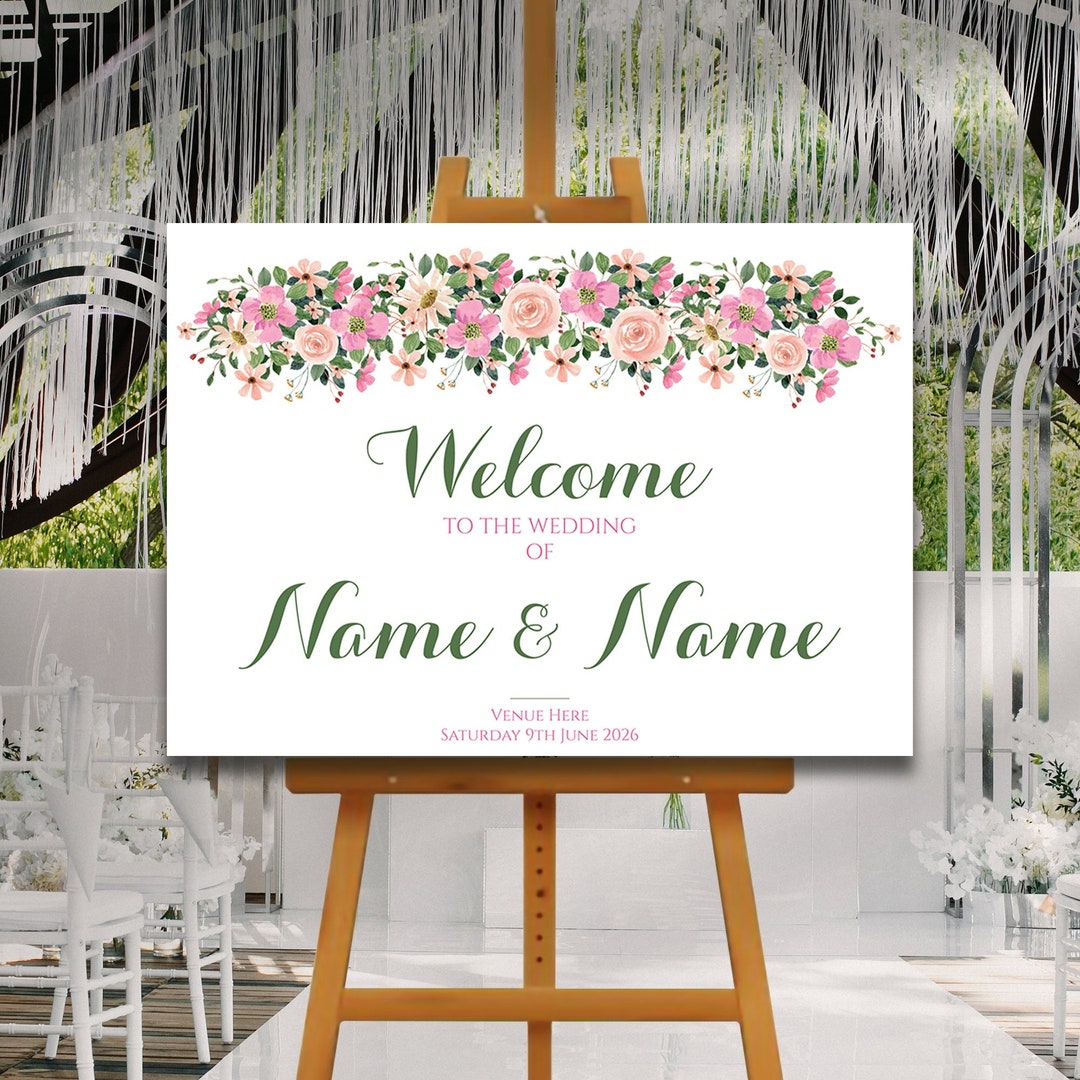 PINK GREEN FLORAL Welcome Sign, Printed Sign A1 A2 A3 A4, Welcome Sign ...