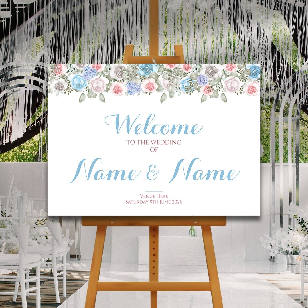 PASTEL BLUE PINK Roses Welcome Sign, Printed Sign A1 A2 A3 A4, Welcome ...