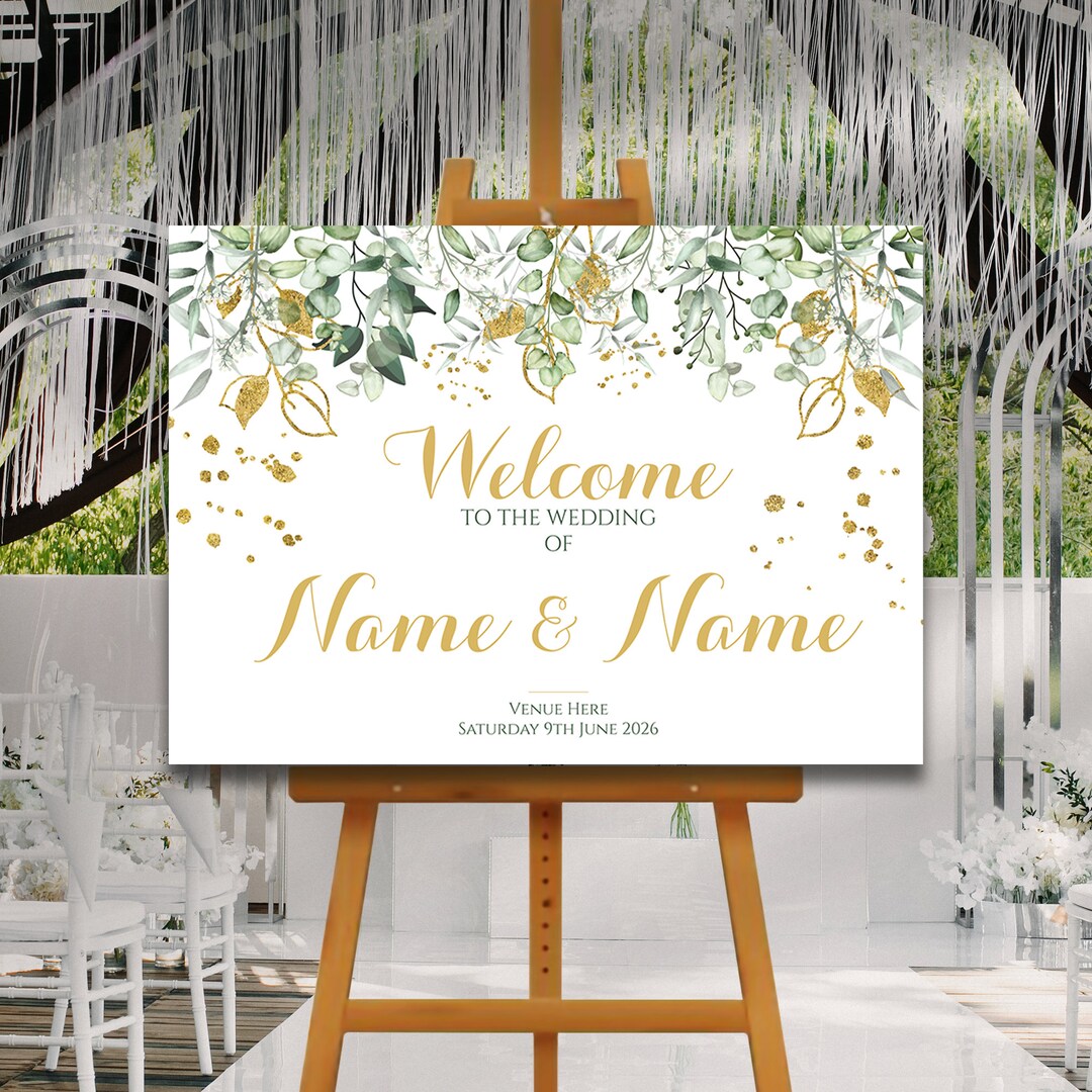 EUCALYPTUS GREEN GOLD Welcome Sign, Printed Sign A1 A2 A3 A4 Welcome ...